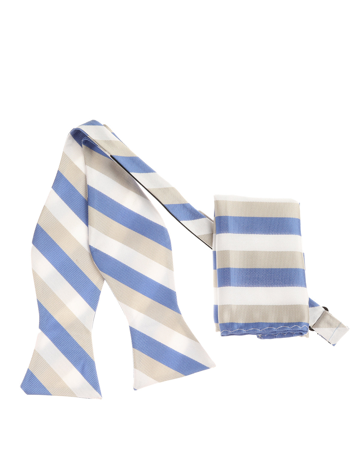Baby Blue, Silver & White Striped Self-Tied Bow Tie With Matching Pock ...