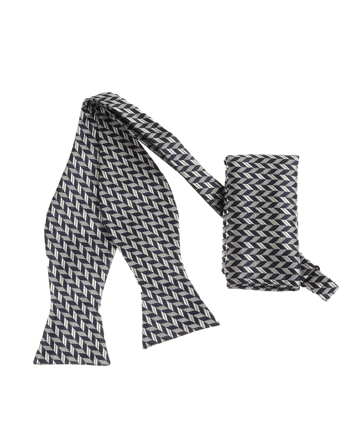 Navy & Silver Designed Self - Tied Bow Tie with Matching Pocket Square ...