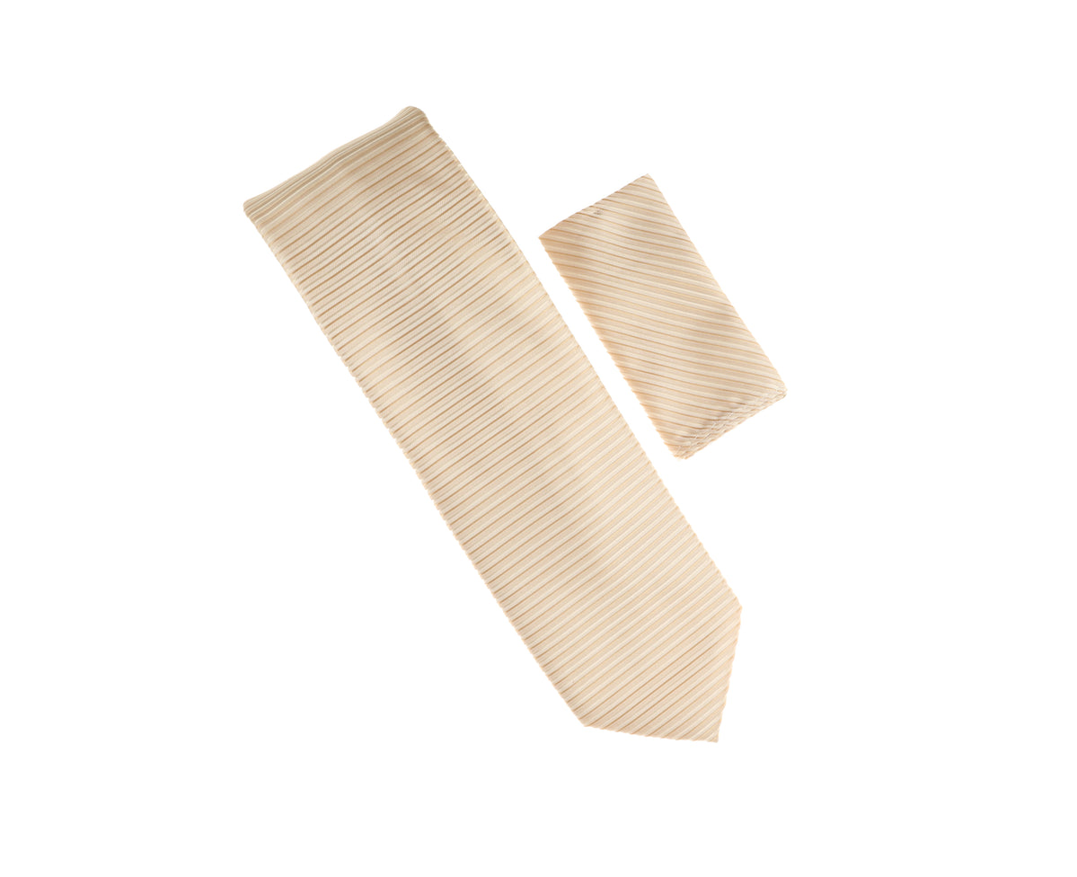 Horizontal Stripe Neutral Beige Wide Tie With Matching Pocket Square ...