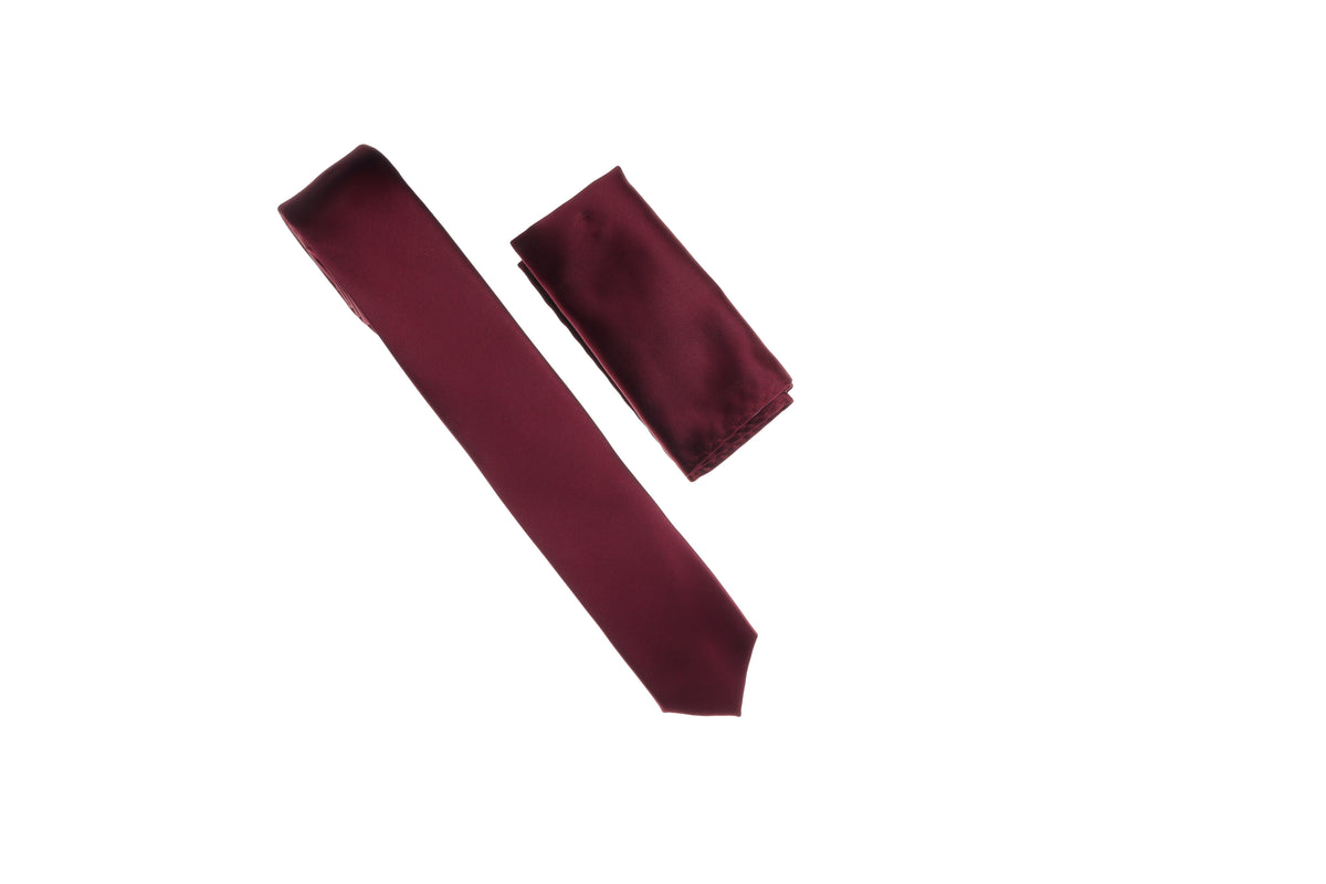 Burgundy Satin Finish Silk Skinny Necktie with Matching Pocket Square ...