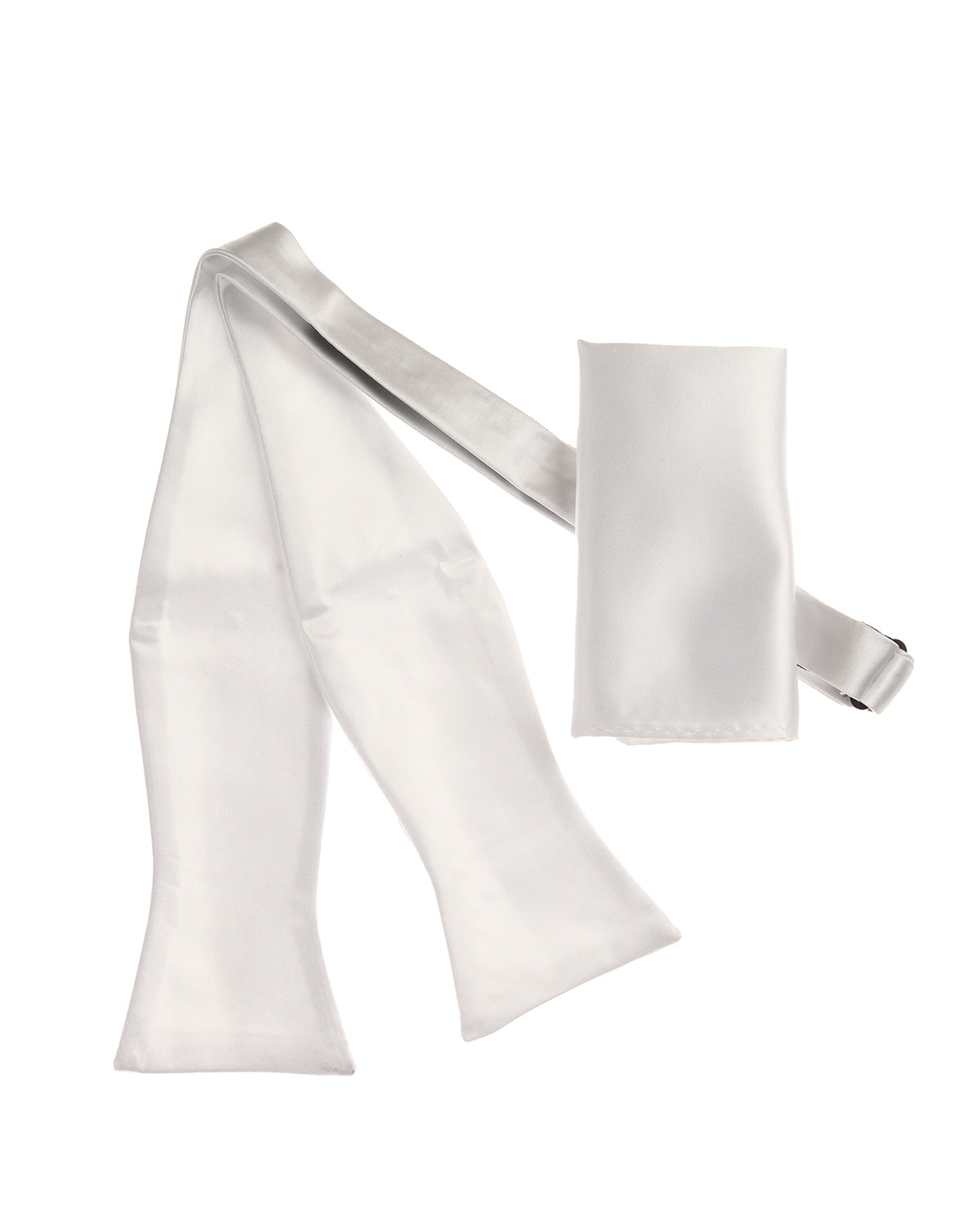 White Satin Finish Self Tie Bow Tie Set With Matching Pocket Square ...