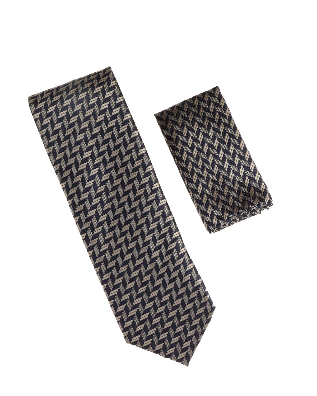 Navy & Taupe Designed Extra Long Necktie Tie with Matching Pocket Squa ...