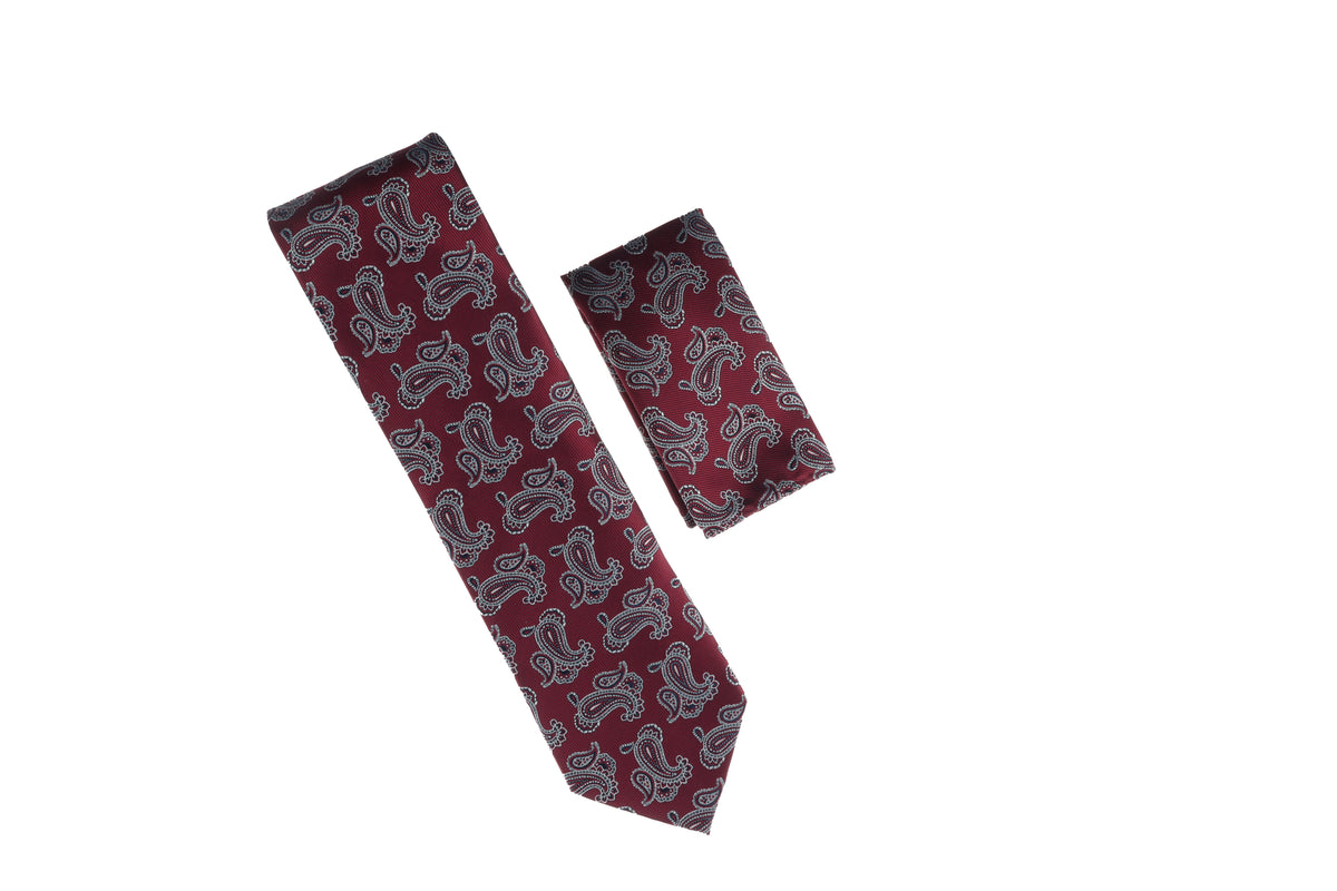 Burgundy with Gray and Navy Paisley Designed Necktie with Matching Poc – Tie Factory