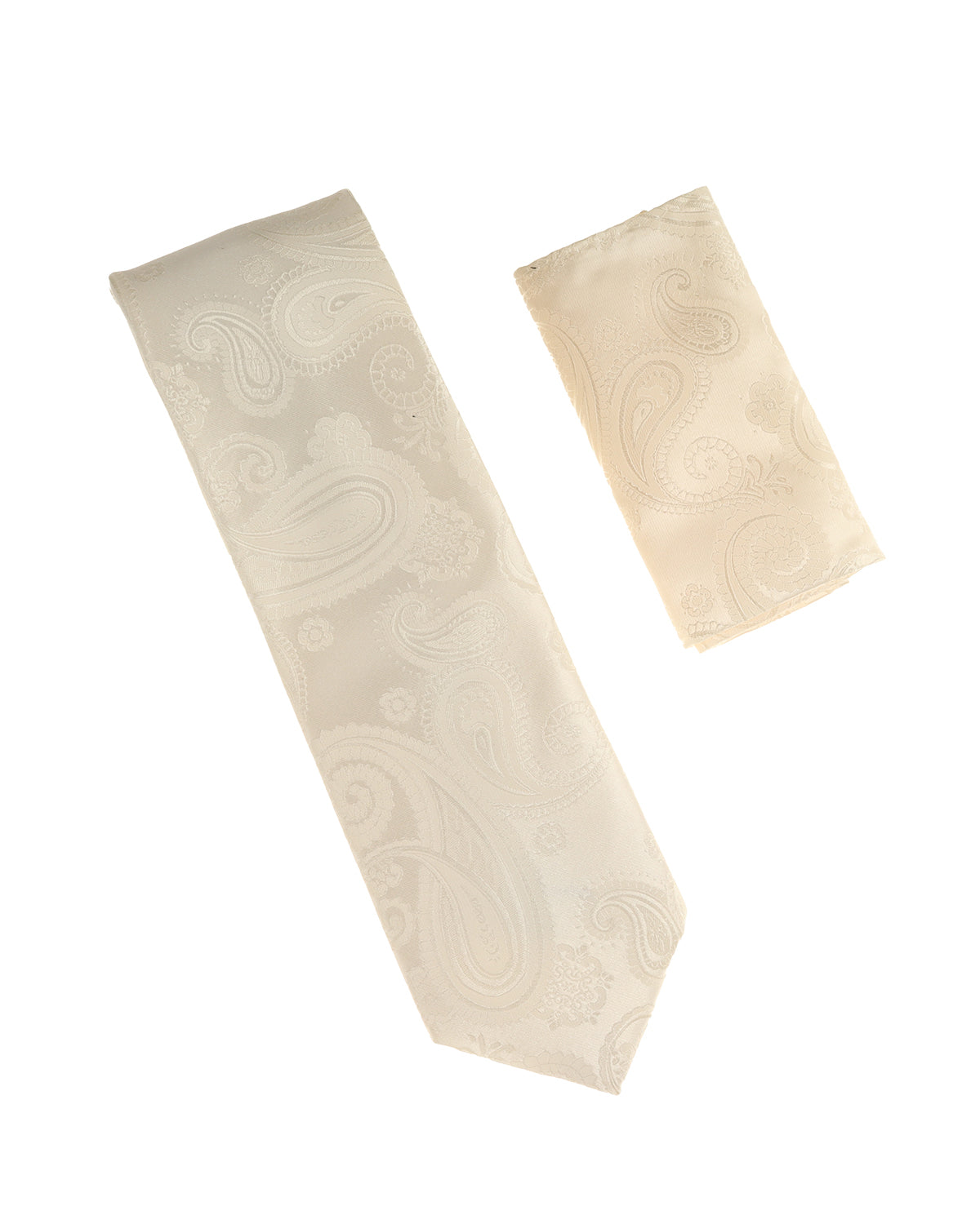 All Ivory Paisley Designed Extra Long Necktie with Matching Pocket Squ ...