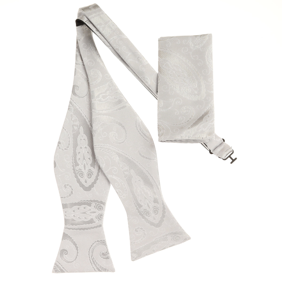 Silver Designed Self-Tie Bow Tie with Matching Pocket Square – Tie Factory