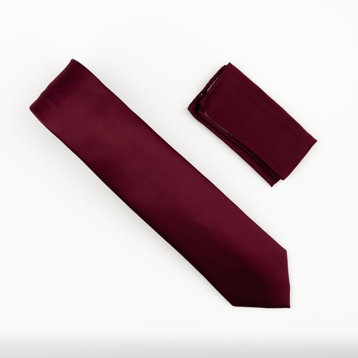 Burgundy Satin Finish Silk Extra Long Necktie with Matching Pocket Squ ...