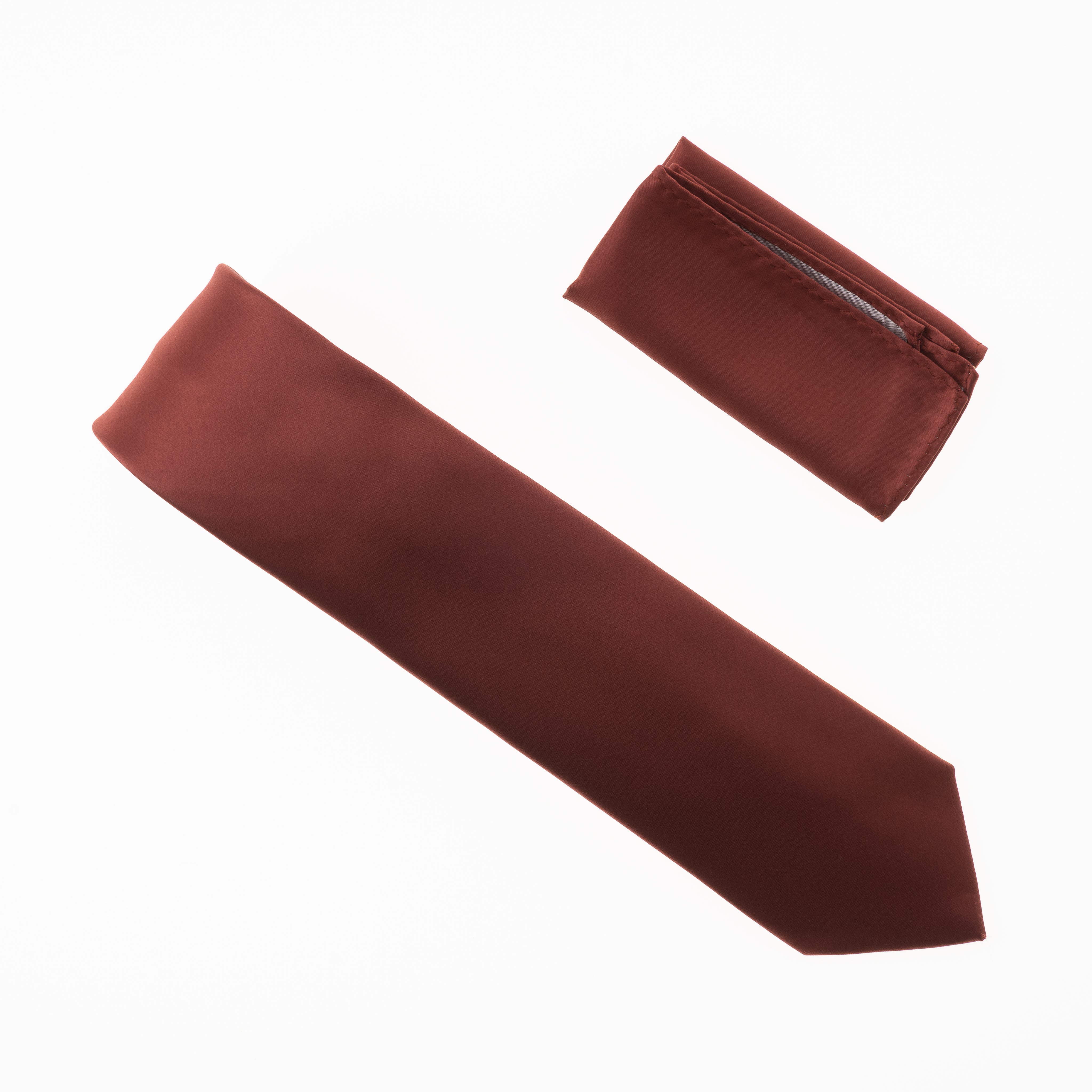 Cinnamon Satin Finish Silk Extra Long Necktie with Matching Pocket Squ ...