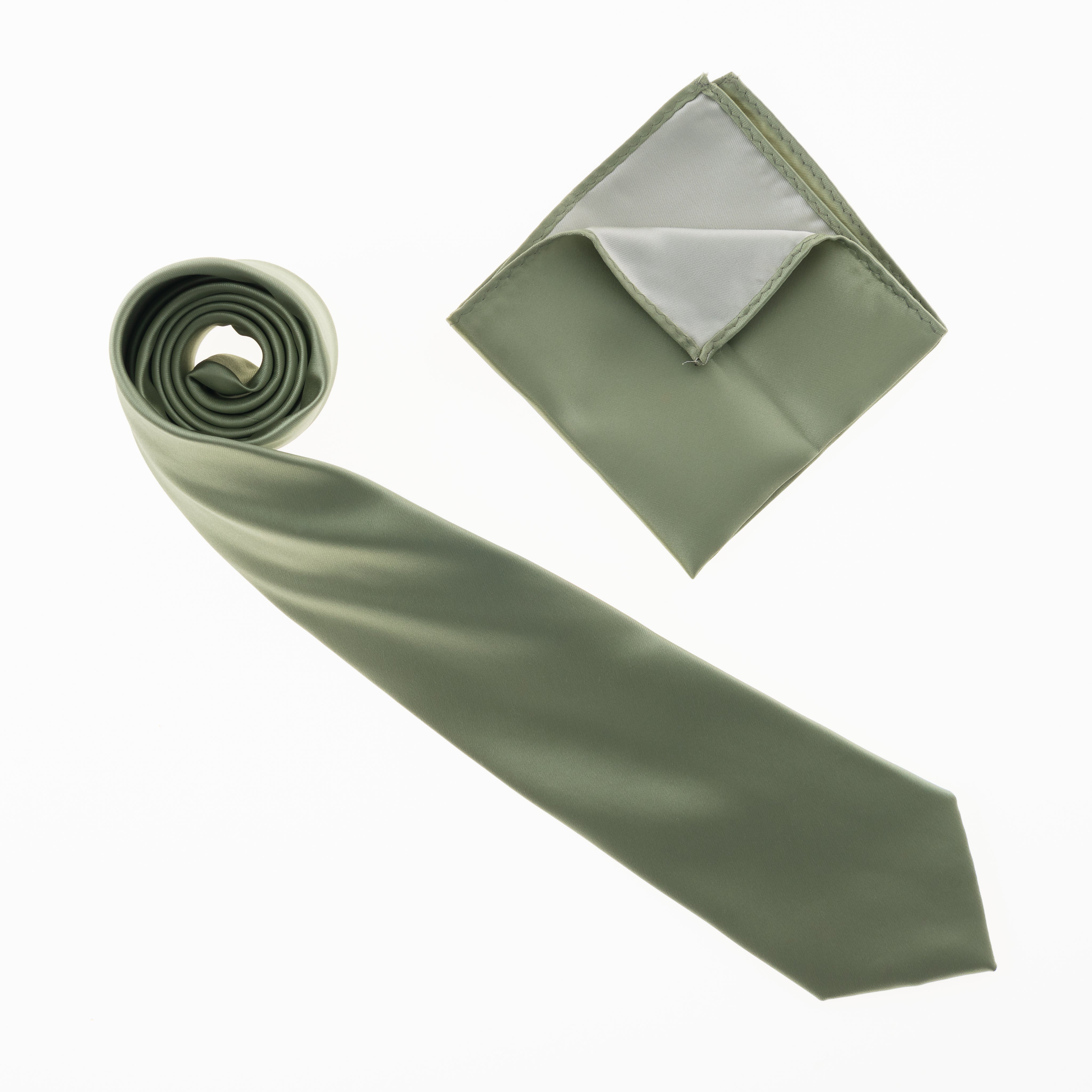 Dusty Sage Satin Finish Extra Long Necktie with Matching Pocket Square ...